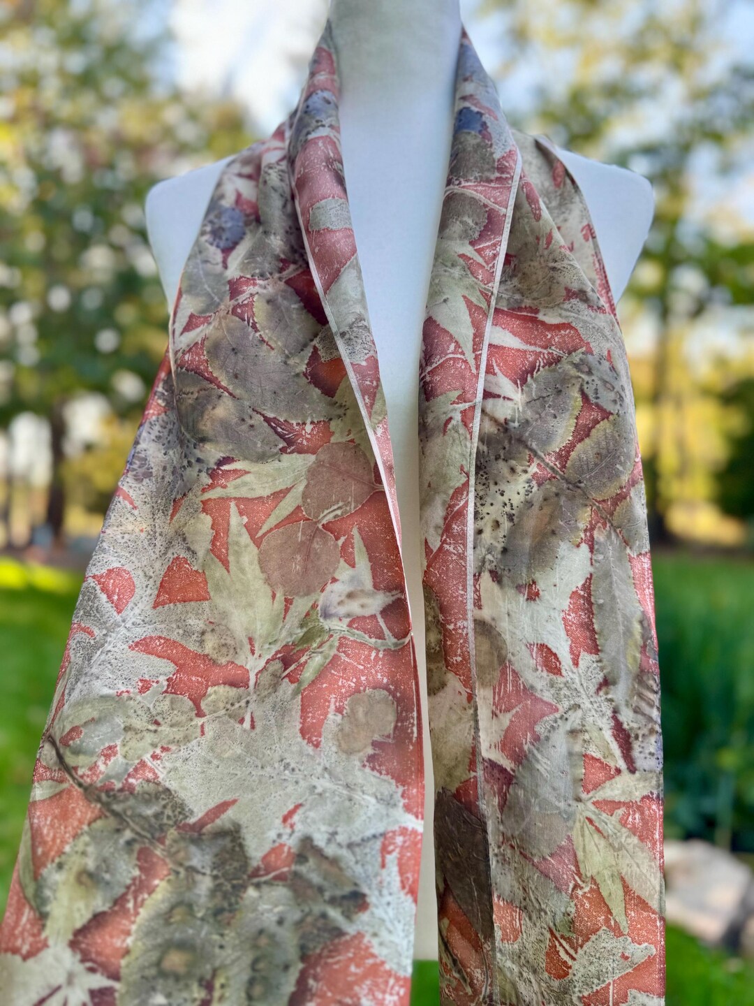 PERSIMMON Botanical Dyed Women's Silk Scarf Ecoprint Accessory Boho ...