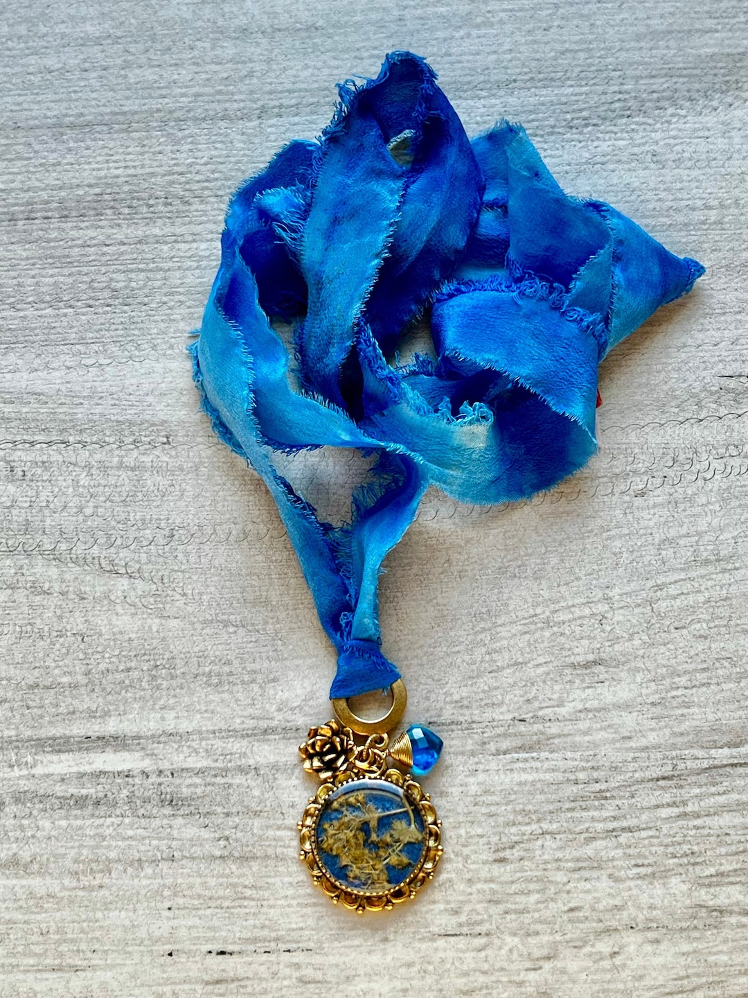 Lady's Mantle Pressed Flower Necklace: Gold Pendant, Blue Silk Ribbon ...