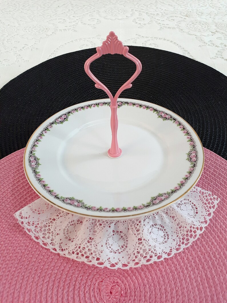 Vintage Small Tidbit Plate White With Black and Rose Pink Pattern 563 ...