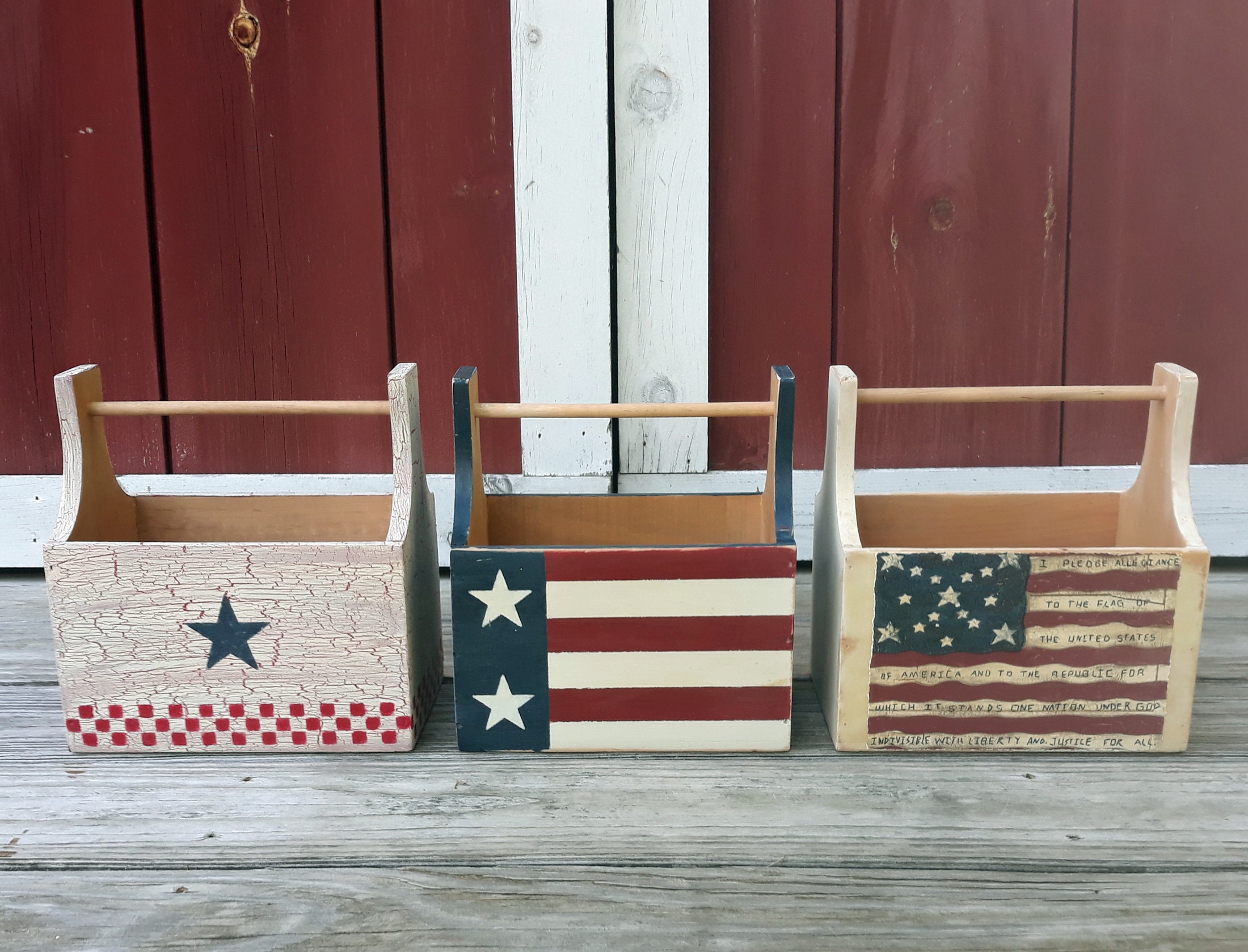 Vintage Wood Storage Box With Handle - Farmhouse / Patriotic ...