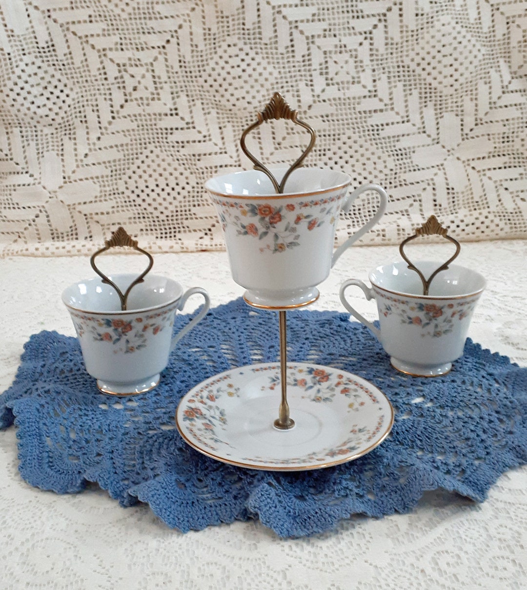 Vintage 2-tier White With Peach and Blue 3-piece Tidbit Cup and Saucer ...