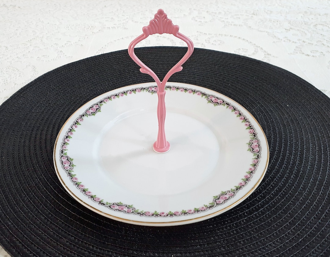 Vintage Small Tidbit Plate - White With Black and Rose Pink Pattern ...