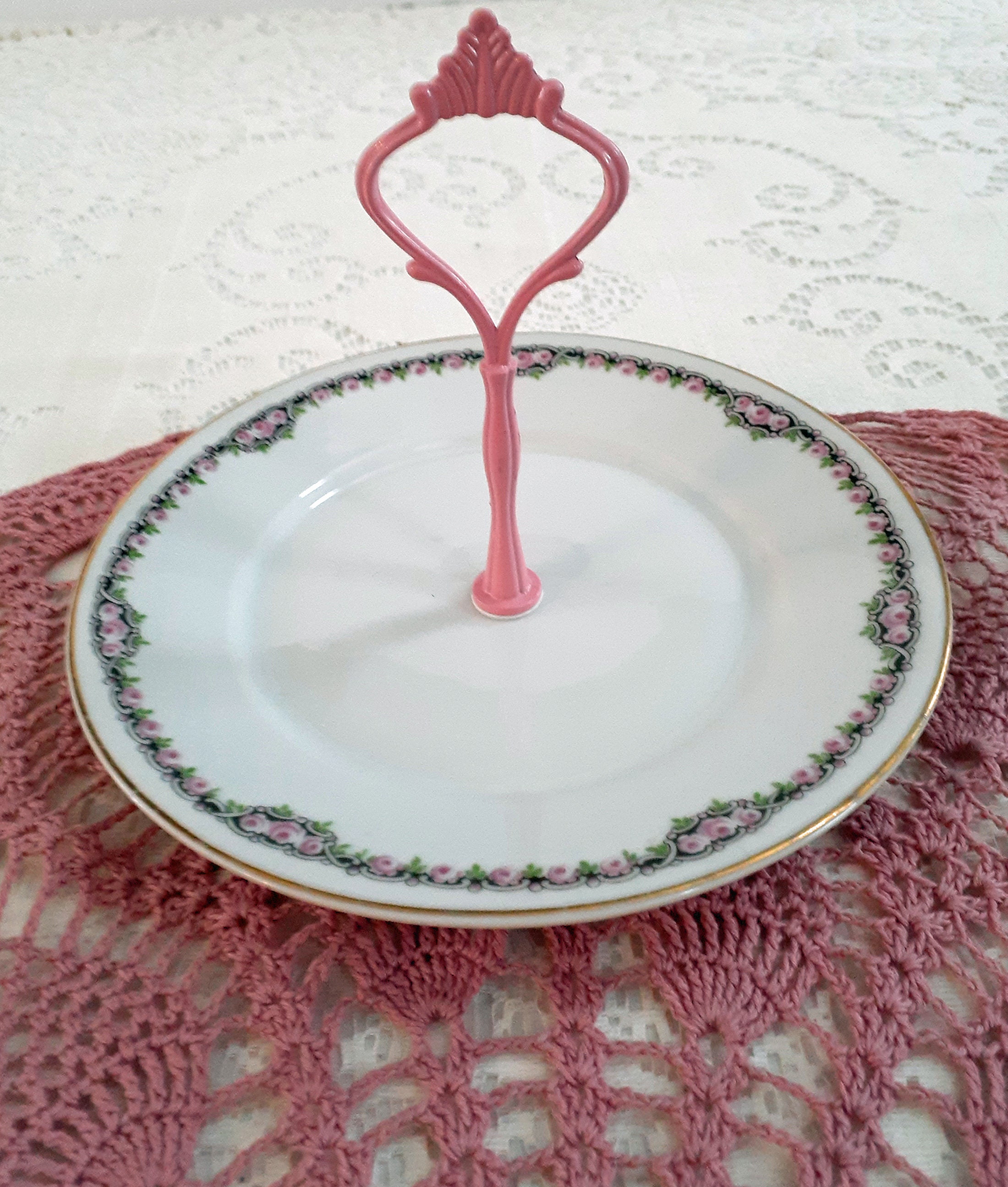 Vintage Small Tidbit Plate White With Black and Rose Pink Pattern 563 ...