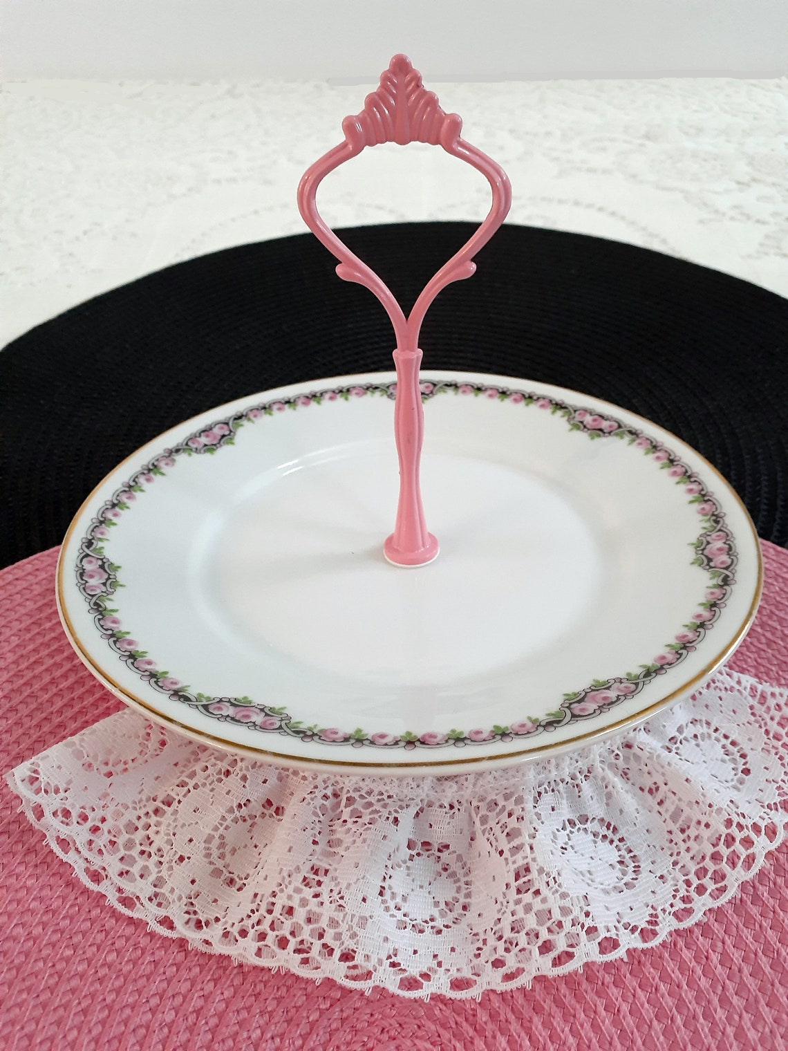 Vintage Small Tidbit Plate White With Black and Rose Pink Pattern 563 ...