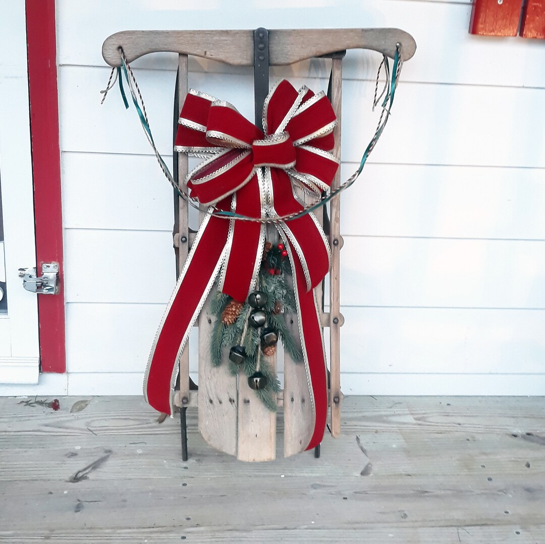 Antique Sled - Winter Snow Sled Decoration With Green Swag, Red Bow and ...