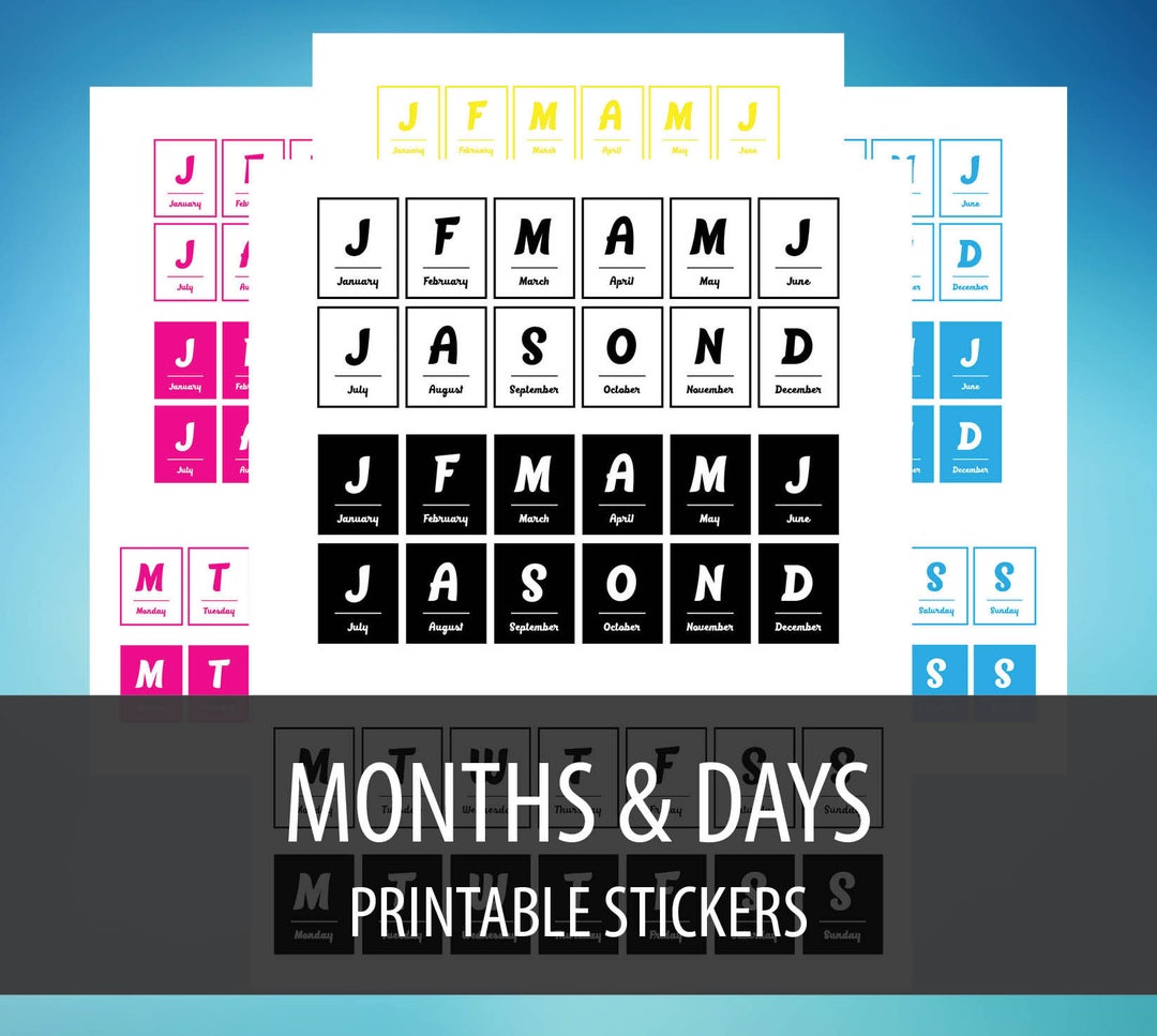 Printable Journal Stickers: Months & Days Multi-colour Stickers, Bullet ...