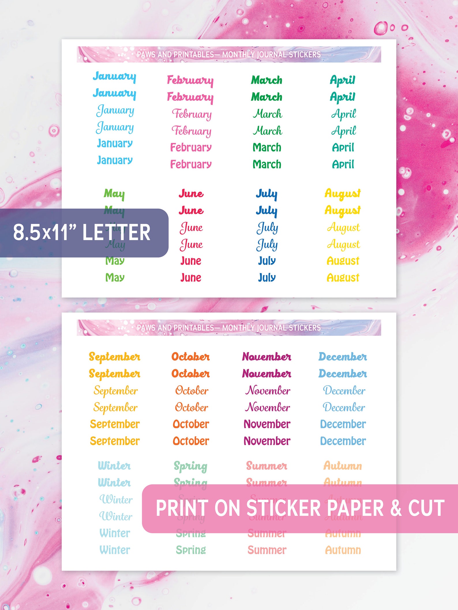 Printable Journal Stickers: Months & Seasons Multi-colour Stickers ...