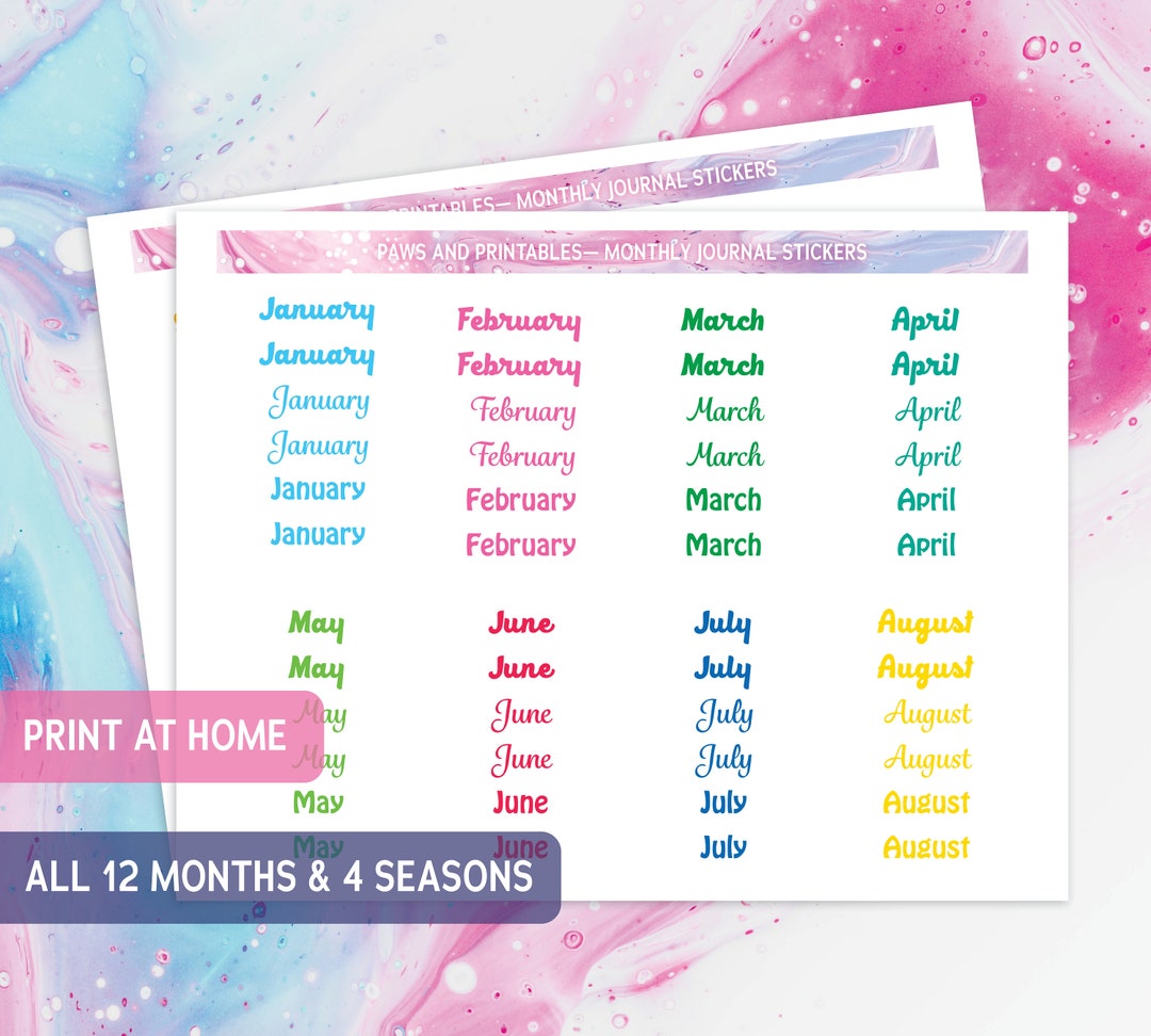 Printable Journal Stickers: Months & Seasons Multi-colour Stickers ...