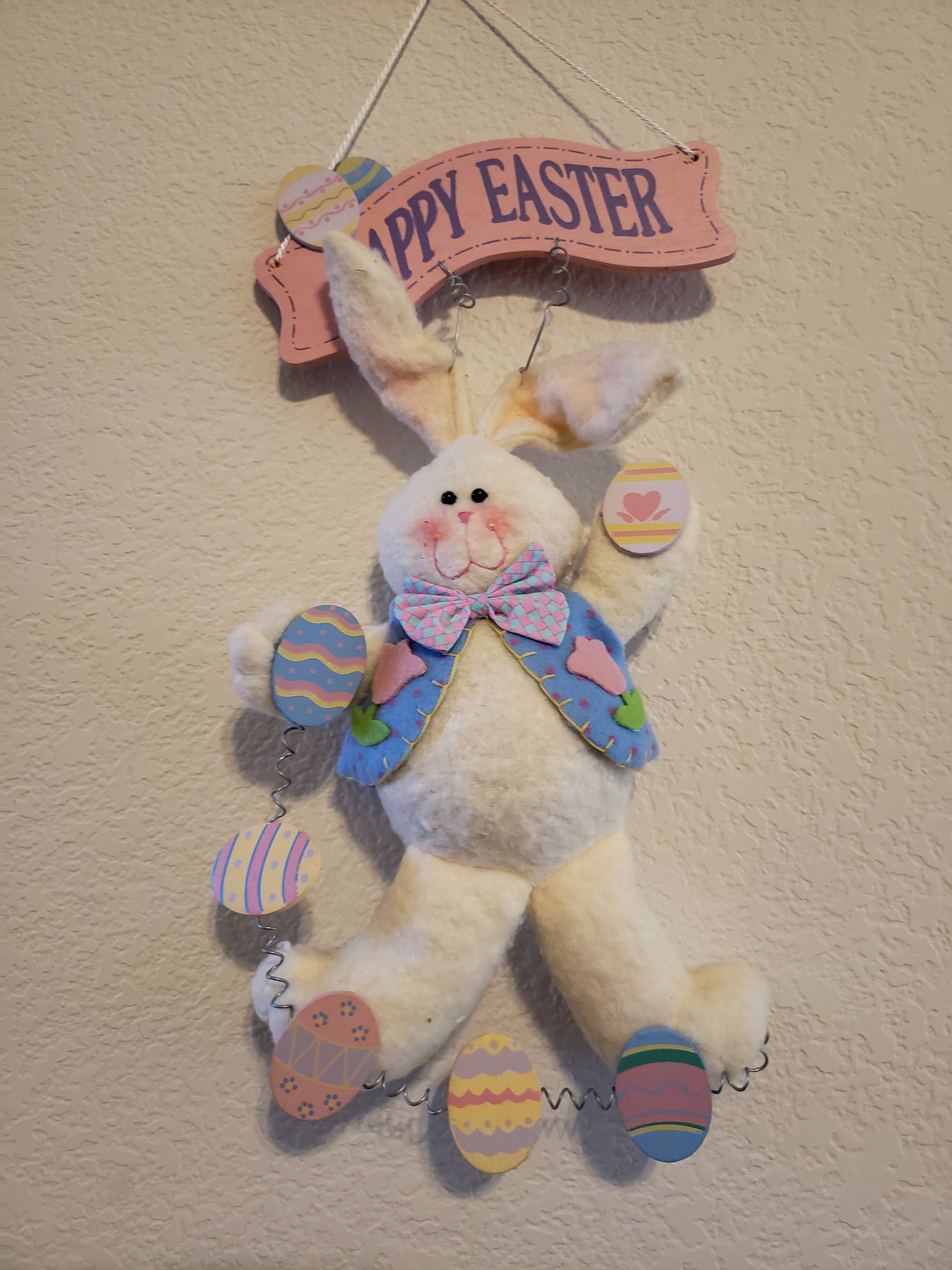 Vintage Easter Bunny wall hanging with stuffed bunny and wooden signs ...