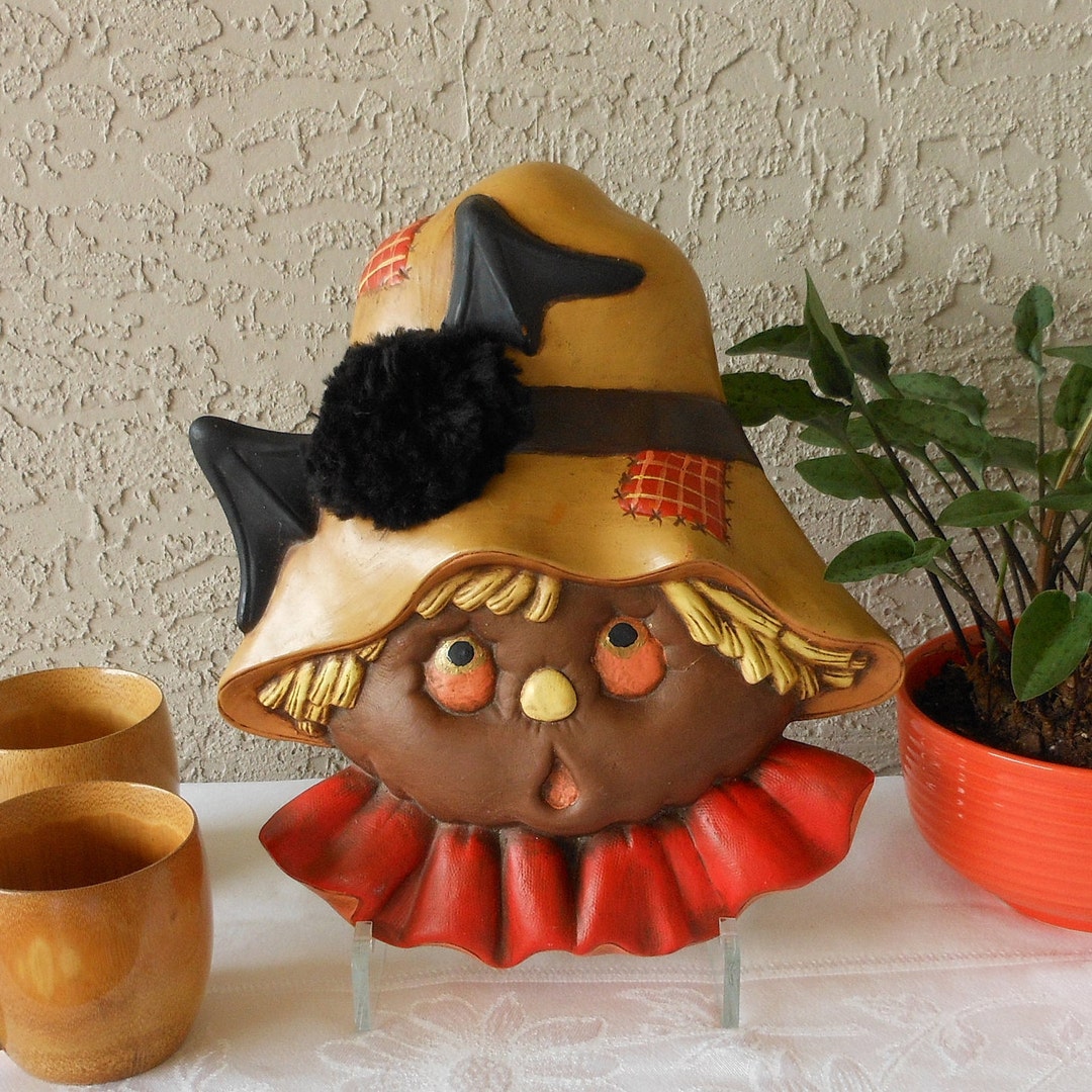 Handmade Scarecrow With Bat Vintage Halloween Ceramic Wall Plaque Door ...