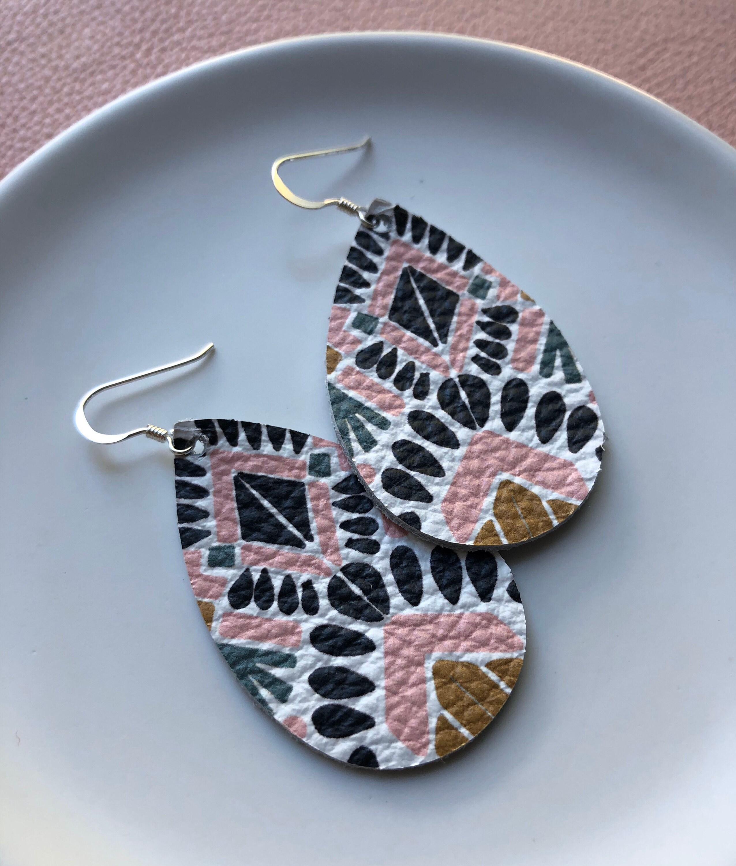 Leather Earrings- Mini Drop in Aztec print. Hypoallergenic sterling ...