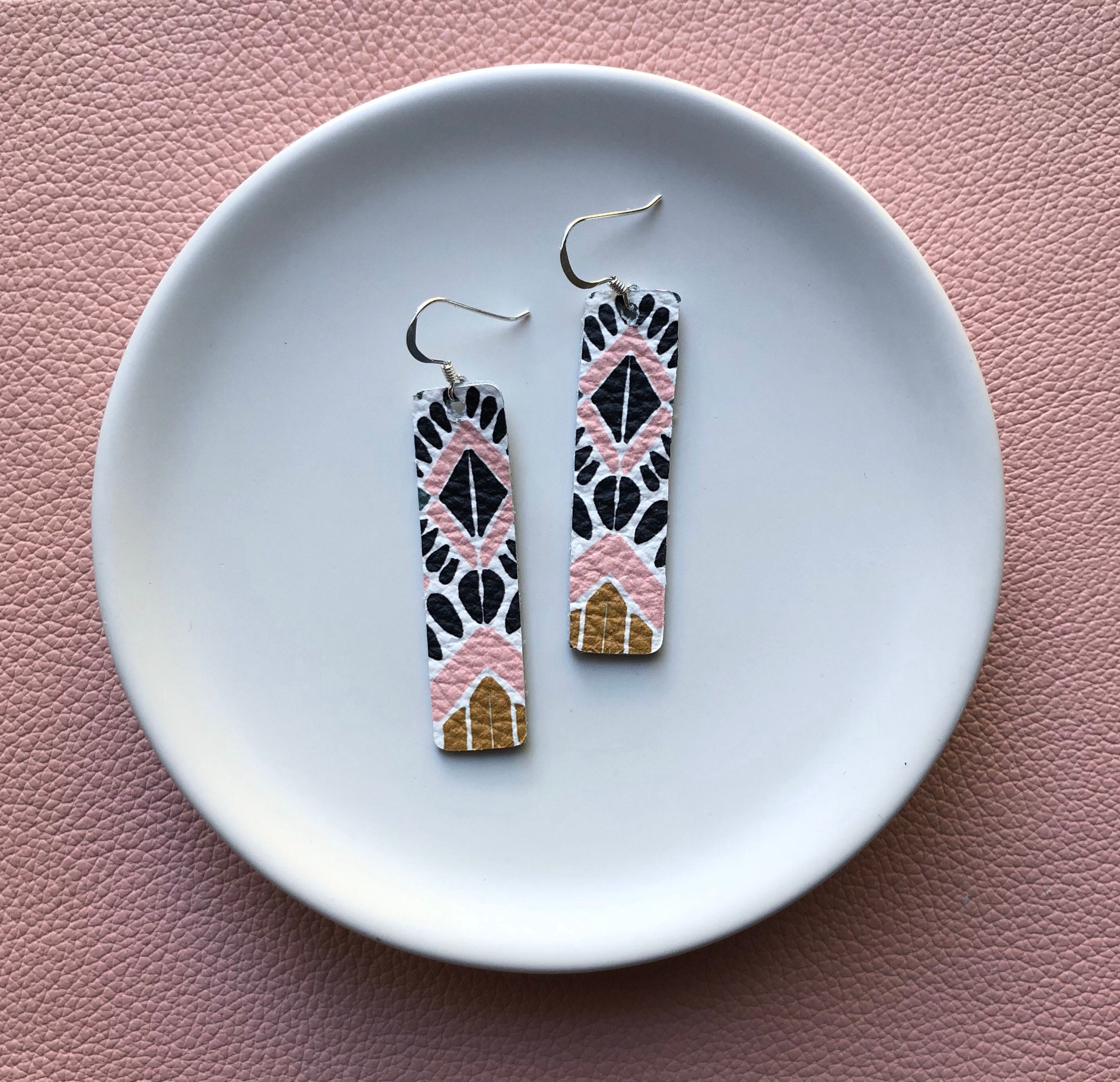 Leather earrings- Bar design in Aztec print. Hypoallergenic sterling ...