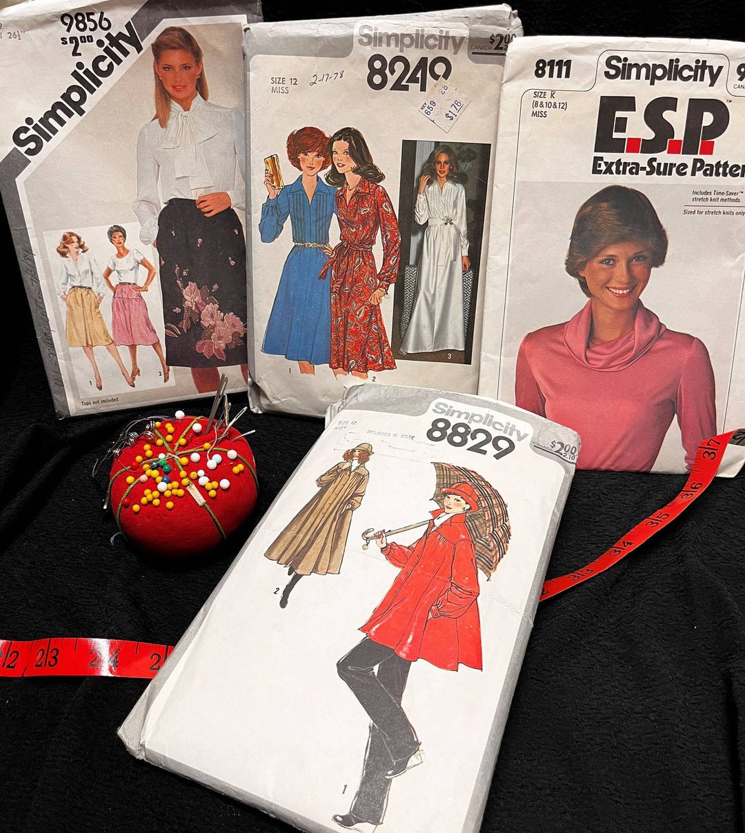 Vintage Simplicity Patterns 8249 Dress, 8111 E.S.P. Knit Top, 8829 Coat ...