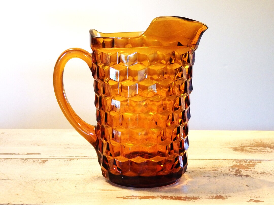 Amber Glass Pitcher, Vintage Indiana Glass Whitehall Cubist Pattern ...