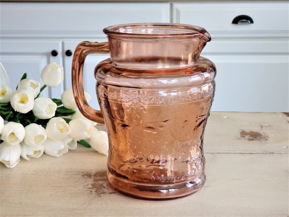 Vintage Pink Glass Pitcher With Heart Pattern Water Juice | Etsy