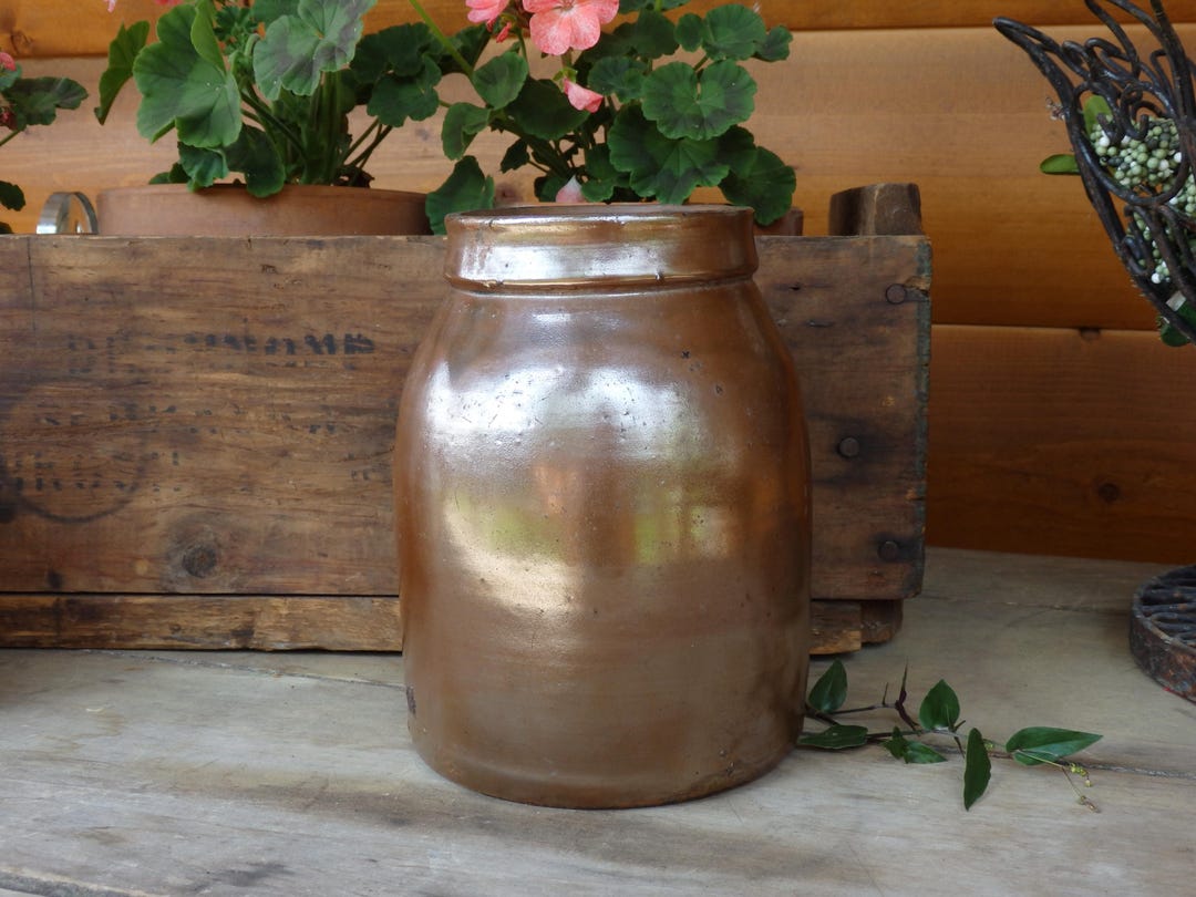 Antique Pottery Canning Jar, Brown Stoneware Crock Jar, Primitive ...