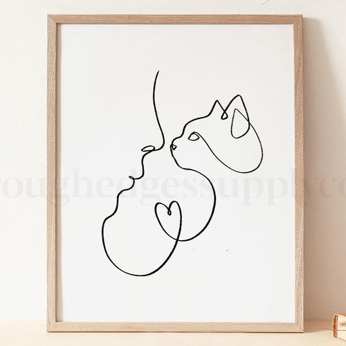 Cat and Human Line Art Print Minimal Cat Line Drawing Animal - Etsy