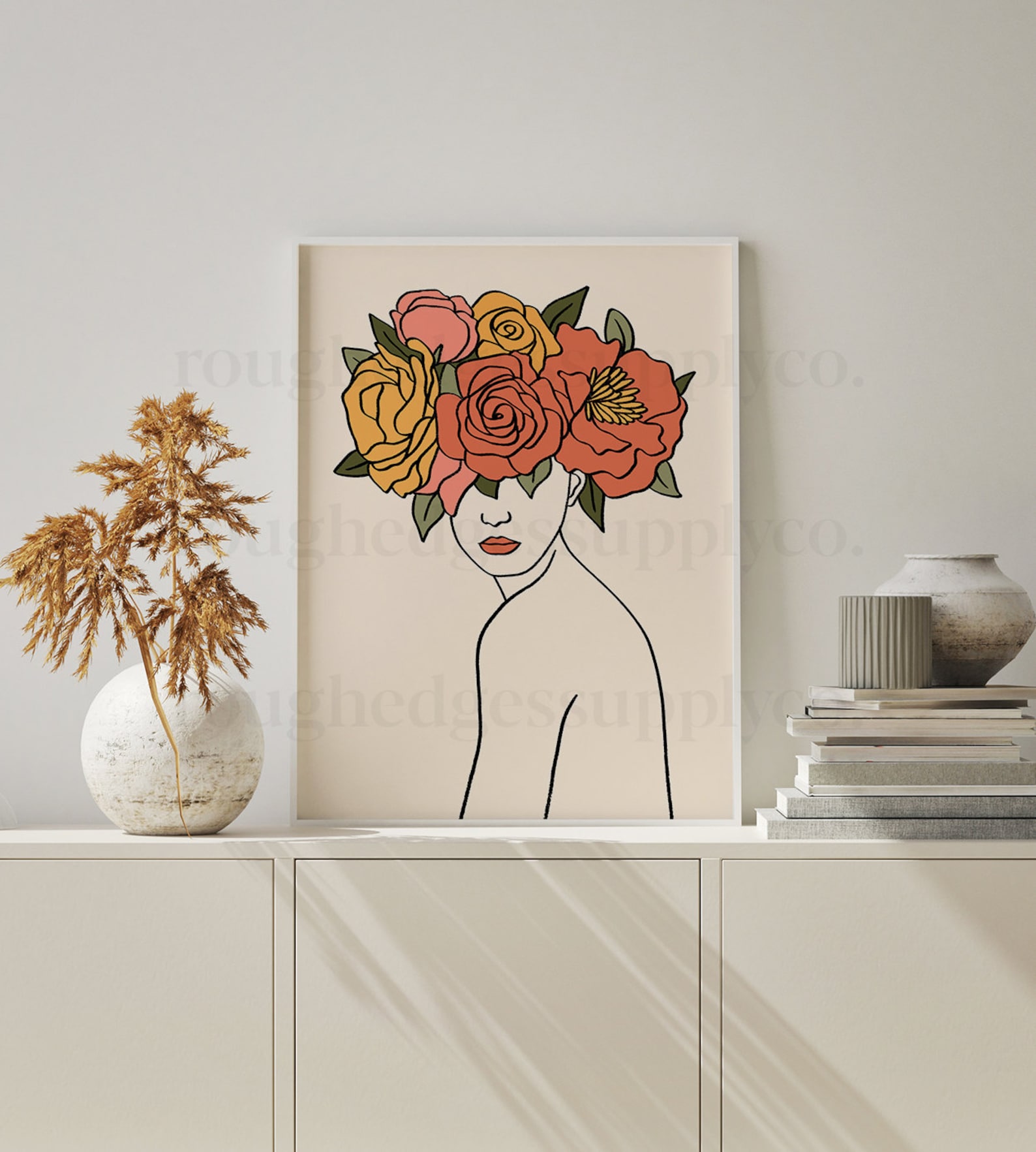 Boho Flower Girl Line Art Print Woman With Flowers Line - Etsy