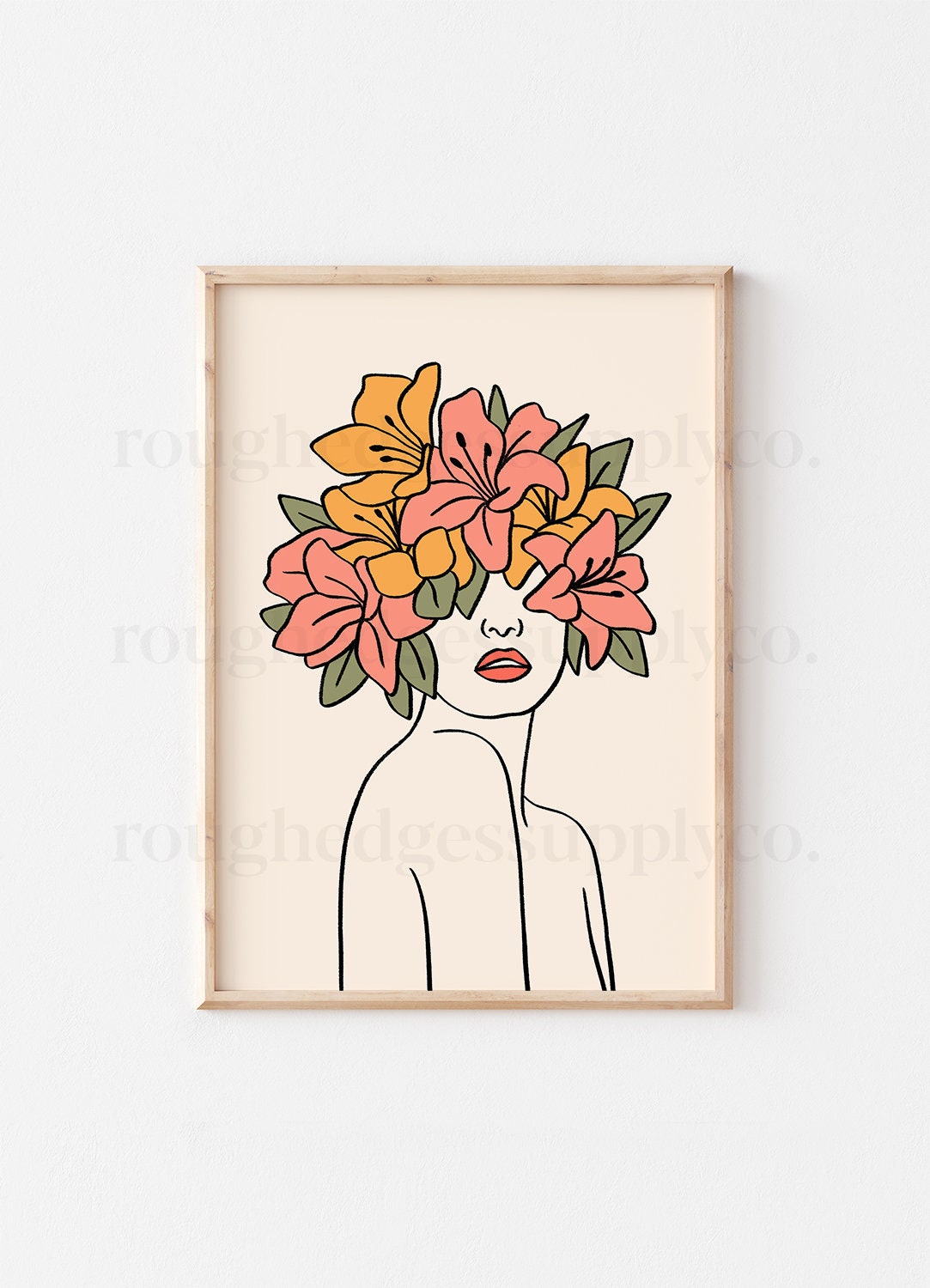 Boho Flower Girl Line Art Print Woman With Flowers Line - Etsy