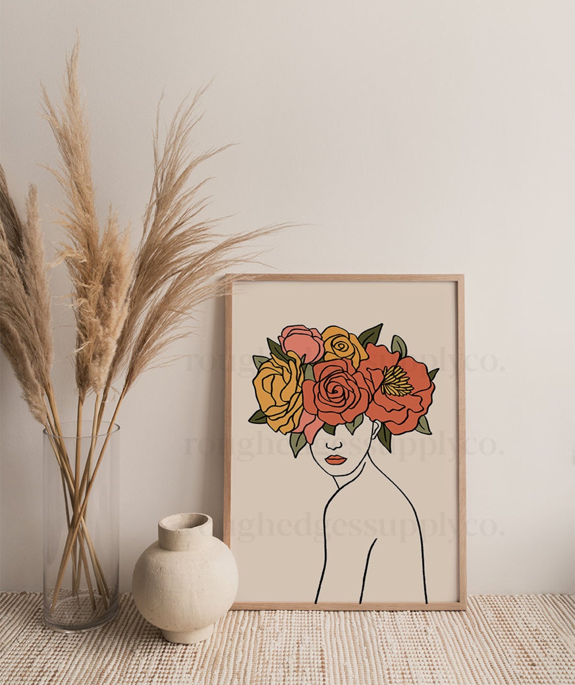 Boho Flower Girl Line Art Print Woman With Flowers Line - Etsy