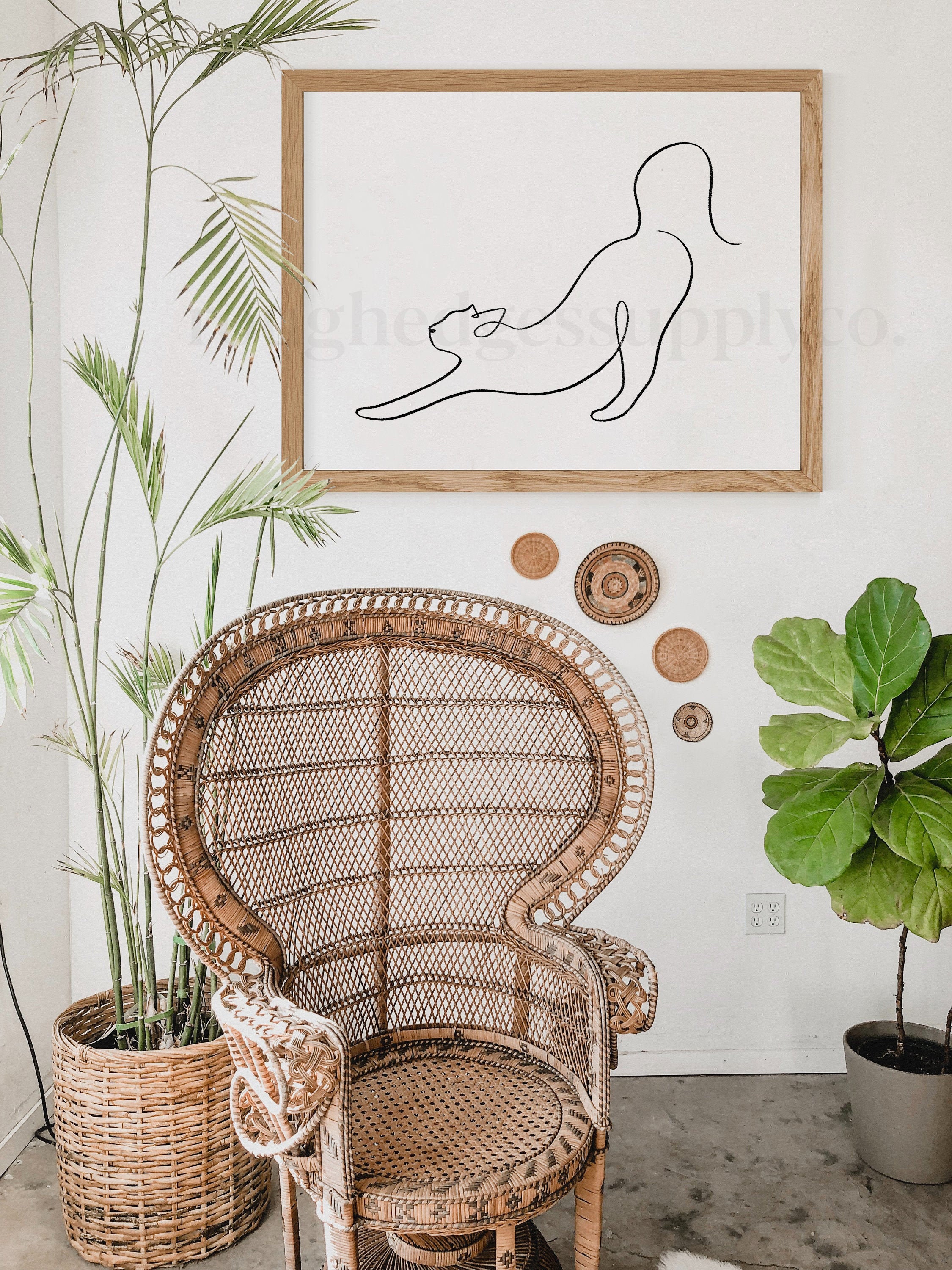 Cat Stretching Line Art Print, Minimal Cat Line Drawing, Cat Sketch ...