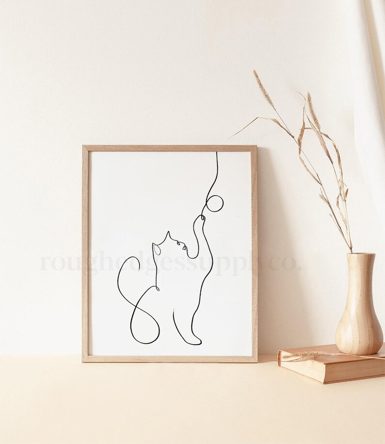 Playful Cat Line Art Print, Minimal Cat Line Drawing, Cat Sketch ...