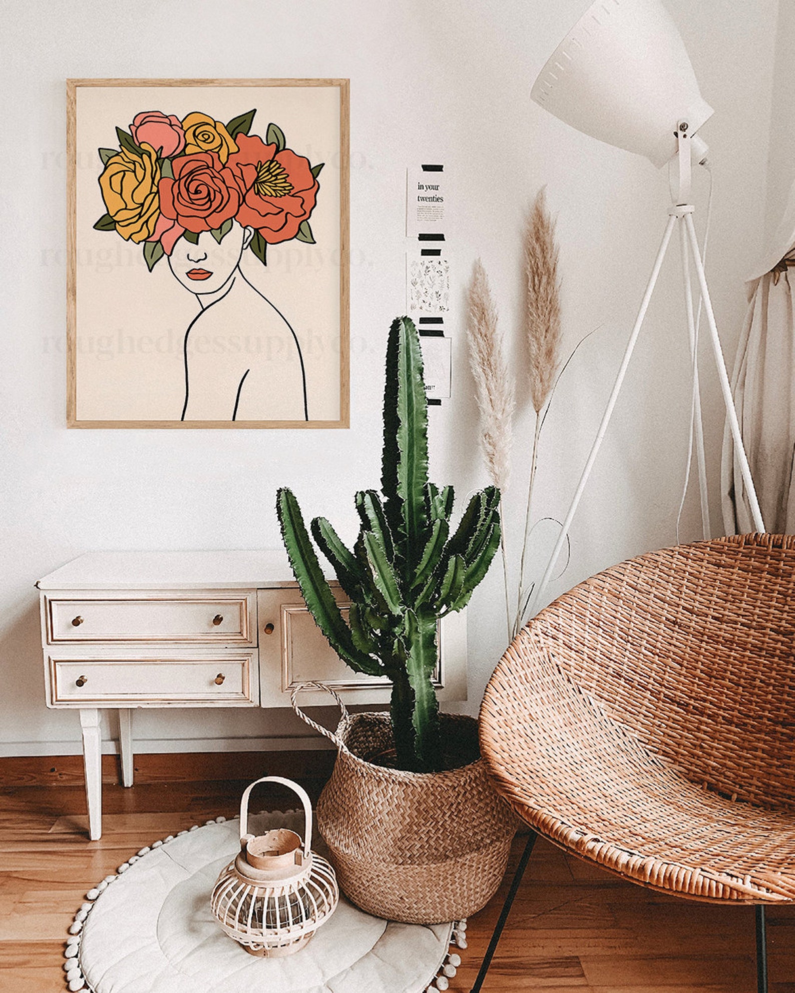 Boho Flower Girl Line Art Print Woman With Flowers Line - Etsy