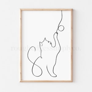 Playful Cat Line Art Print, Minimal Cat Line Drawing, Cat Sketch ...