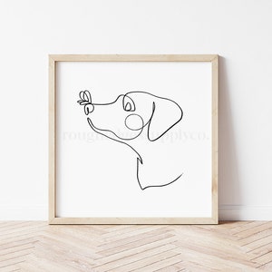 Dog and Butterfly Art Print, Line Drawing, Minimal Animal Line Art, Pet ...