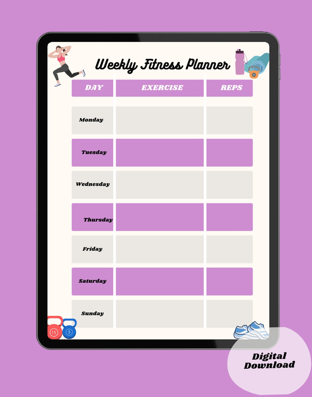 Weekly Fitness Planner by Day- Printable Template, PDF - Etsy