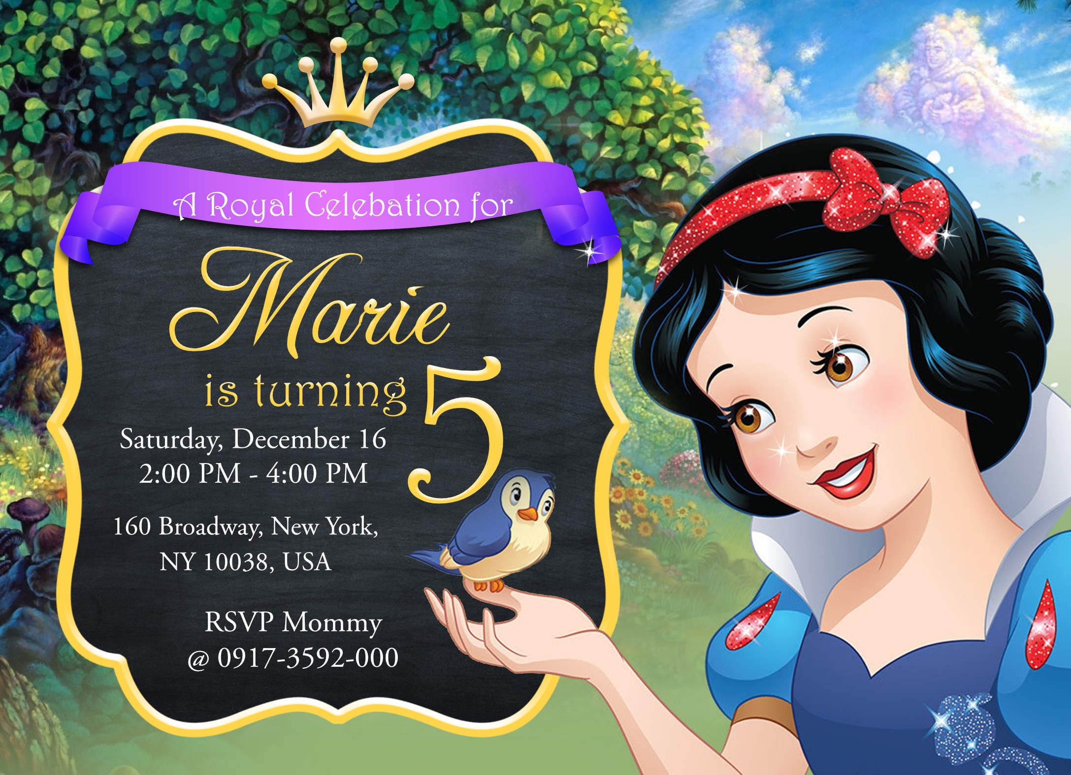 Personalized Birthday Invitation Card, 5x7 Printable Card, Snow White ...