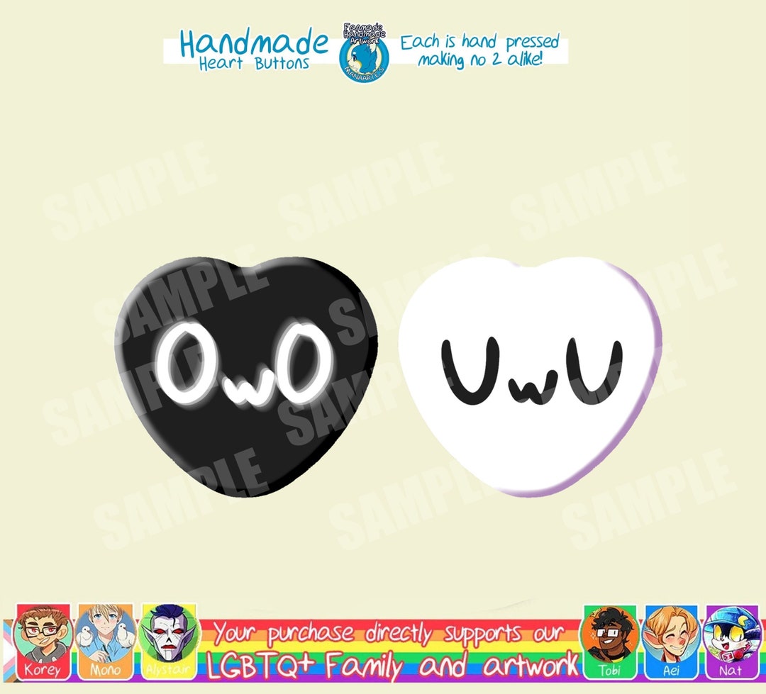 Hand Pressed Owo , Uwu Kawaii Cute Meme Heart Button pick Your Buttons ...