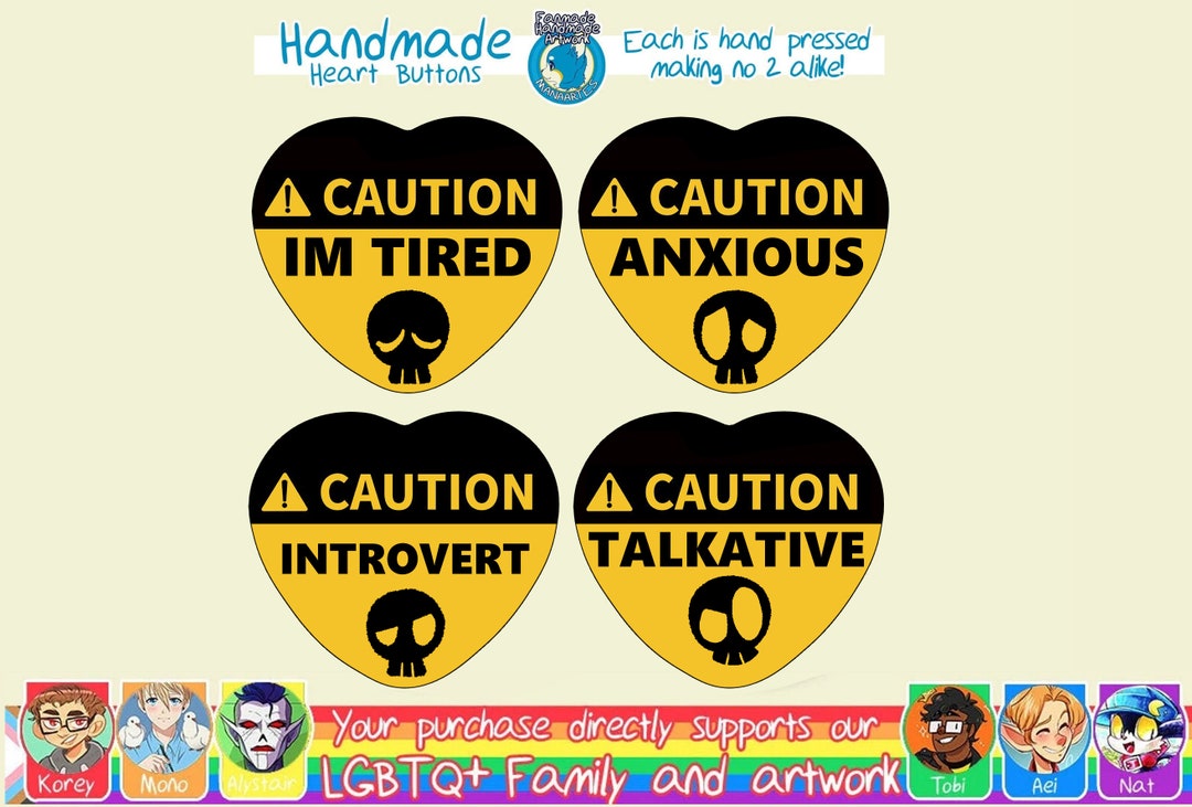 Hand Pressed CAUTION Buttons Heart or Round Buttons pick Your Buttons 2 ...