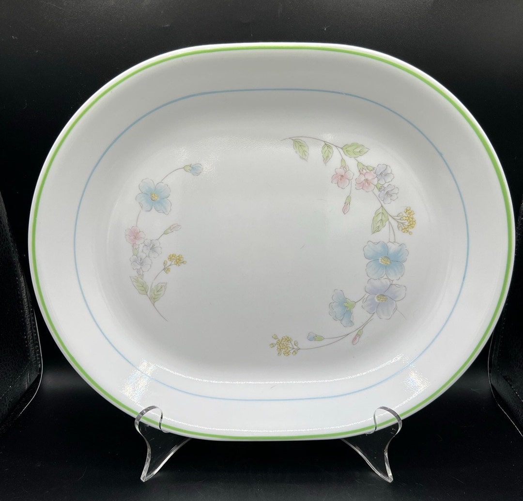 Rare Vintage Corelle Oval Platter-green Border With Blue Flowers ...