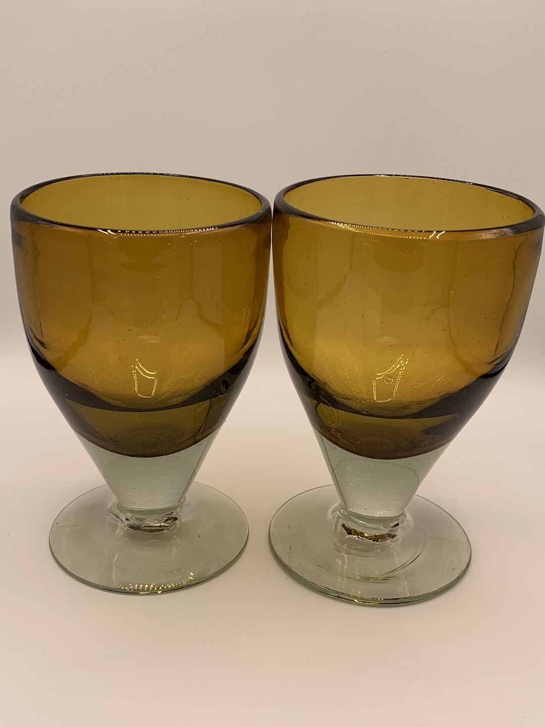 Amber Beer Goblets - Heavy Hand Blown Glass - Clear Pedestal Base - Set ...