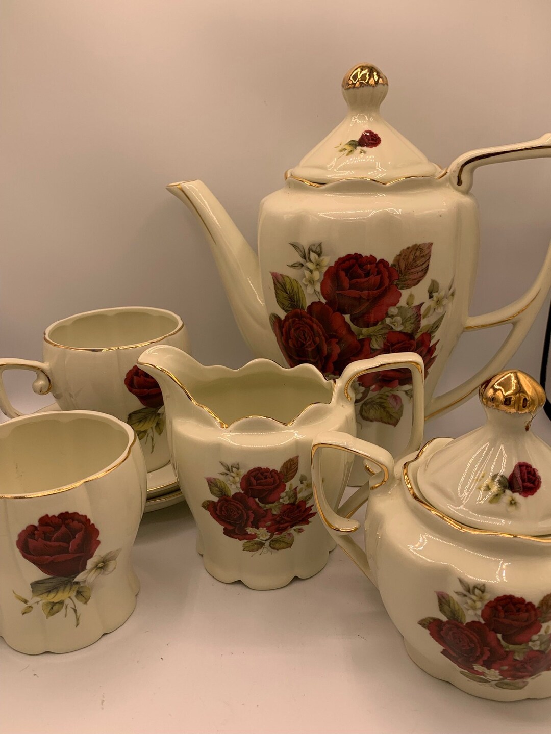 Vintage China Tea Set: Hand Painted Roses, Gold Trim - Etsy