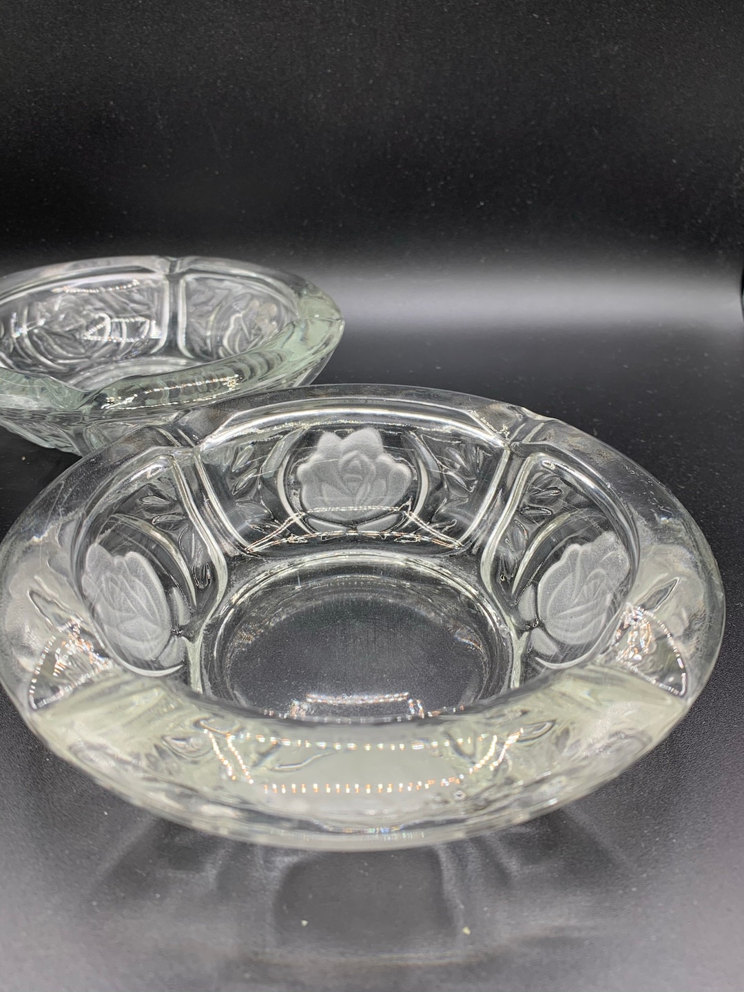 Mid Century Modern Glass Ashtray Set: Etched Rose Design - Etsy