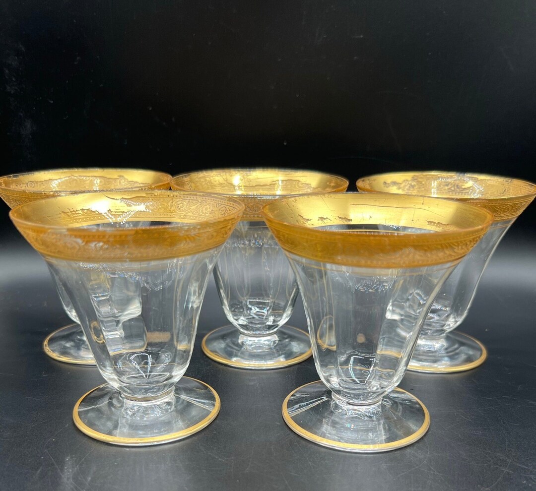Vintage Gold Rimmed Etched Footed Shrimp Cocktail Glasses - so RARE ...
