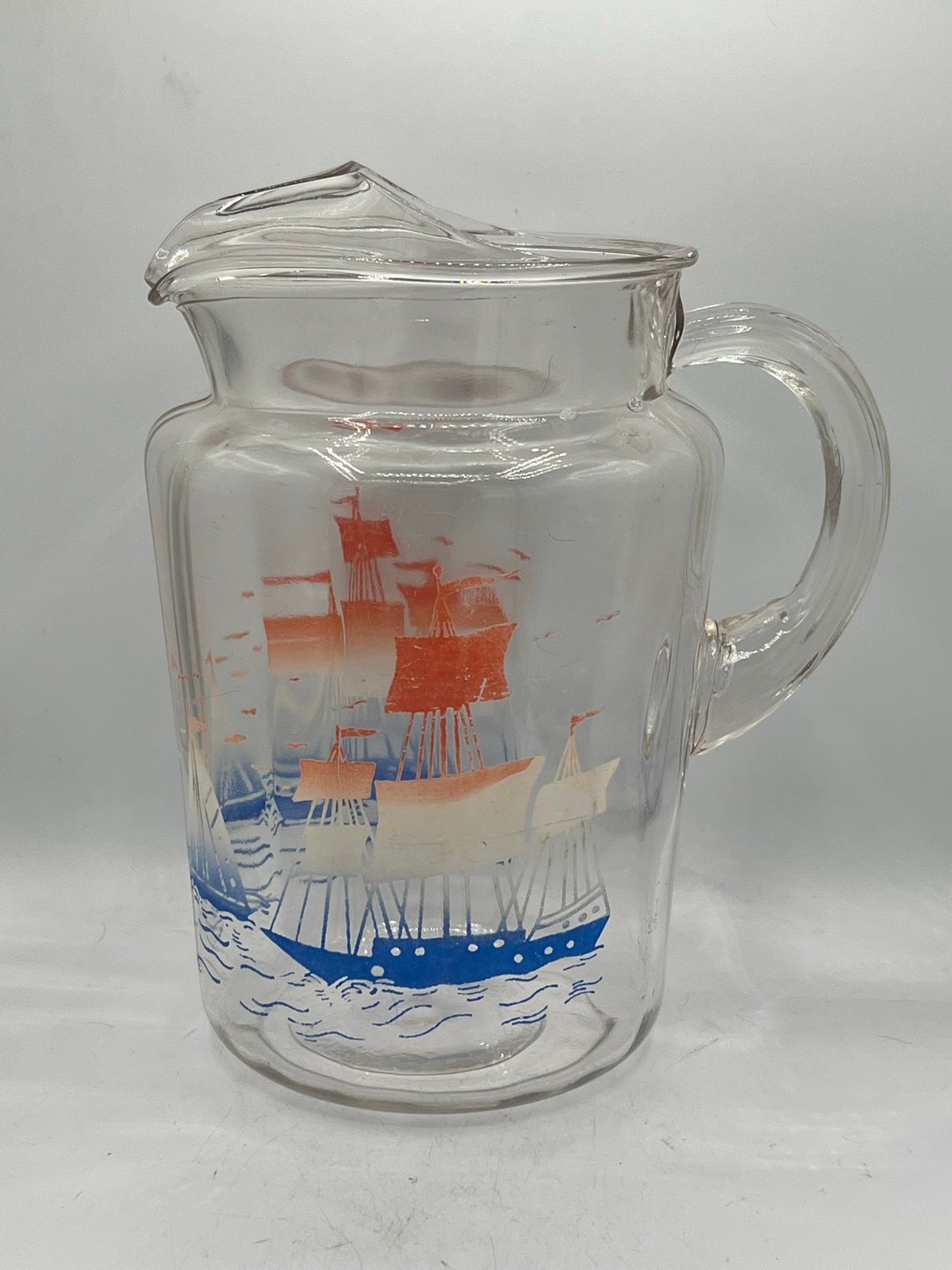 Vintage 1950s Nautical Themed Glass Pitcher so Fantastic Red, White and ...