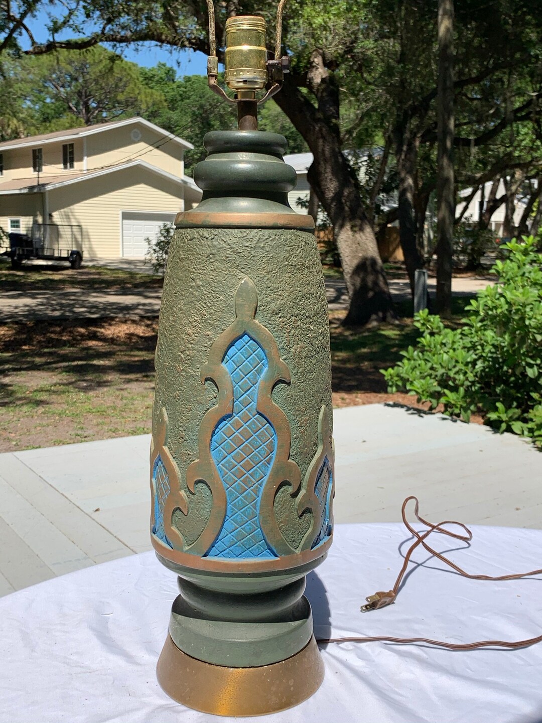 Mid Century Modern Lamp: Olive Green & Aqua Blue Accent Lighting - Etsy