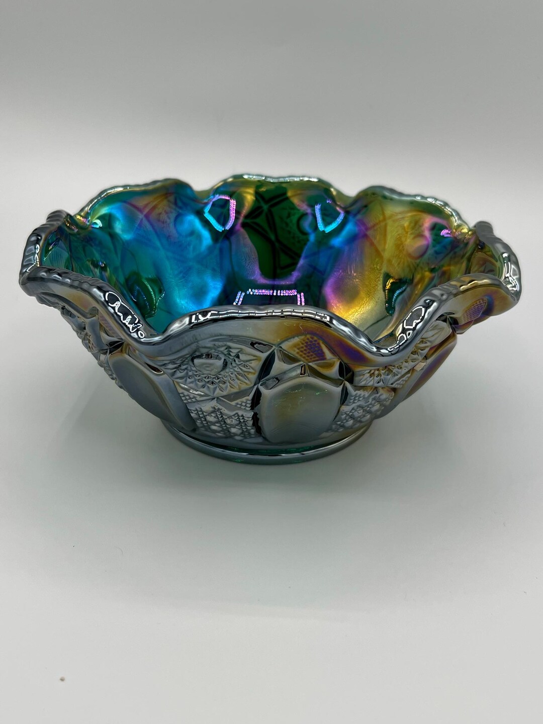 Vintage L.E. Smith Teal Blue Green Carnival Glass Quintec Pattern Bowl ...