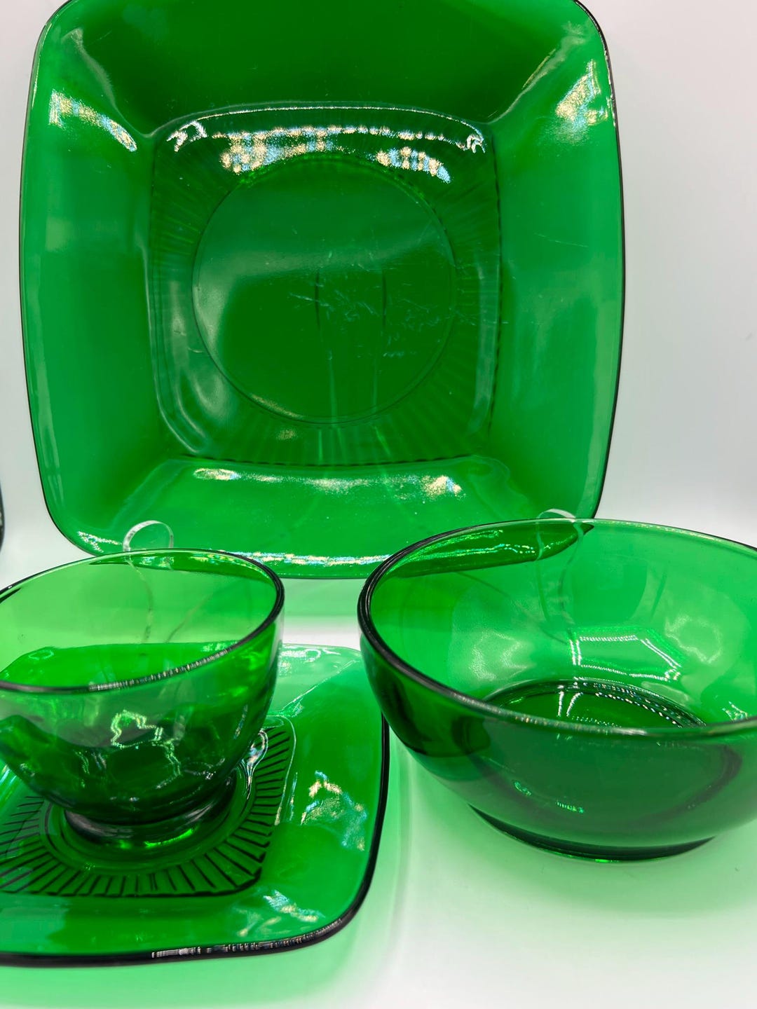 Vintage Pressed Green Glass Dish Set - so Amazing!! - Emerald Green ...