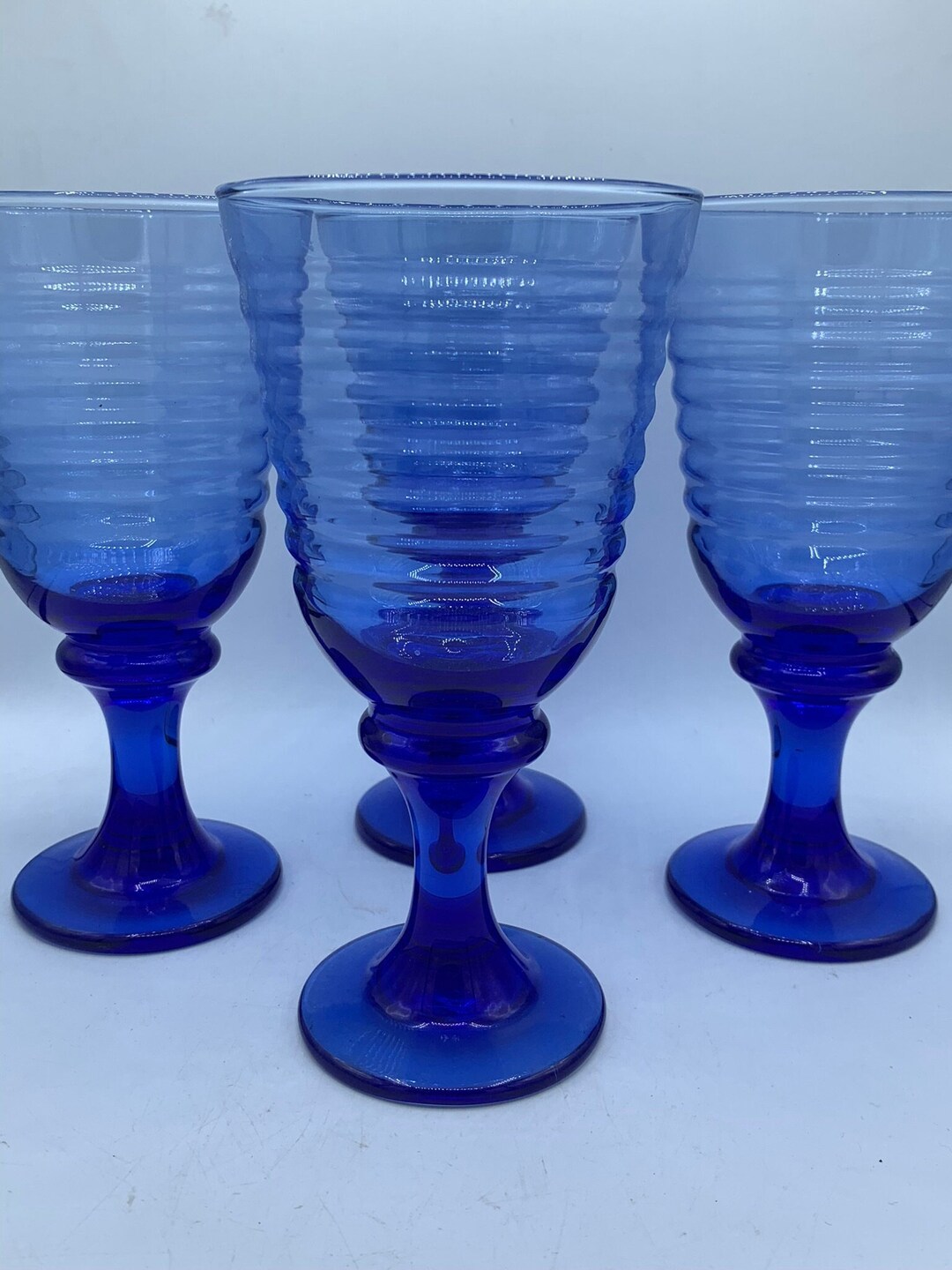 Vintage Cobalt Blue Goblets Libbey Sirrus 7 Ribbed Wine Glasses Set of ...