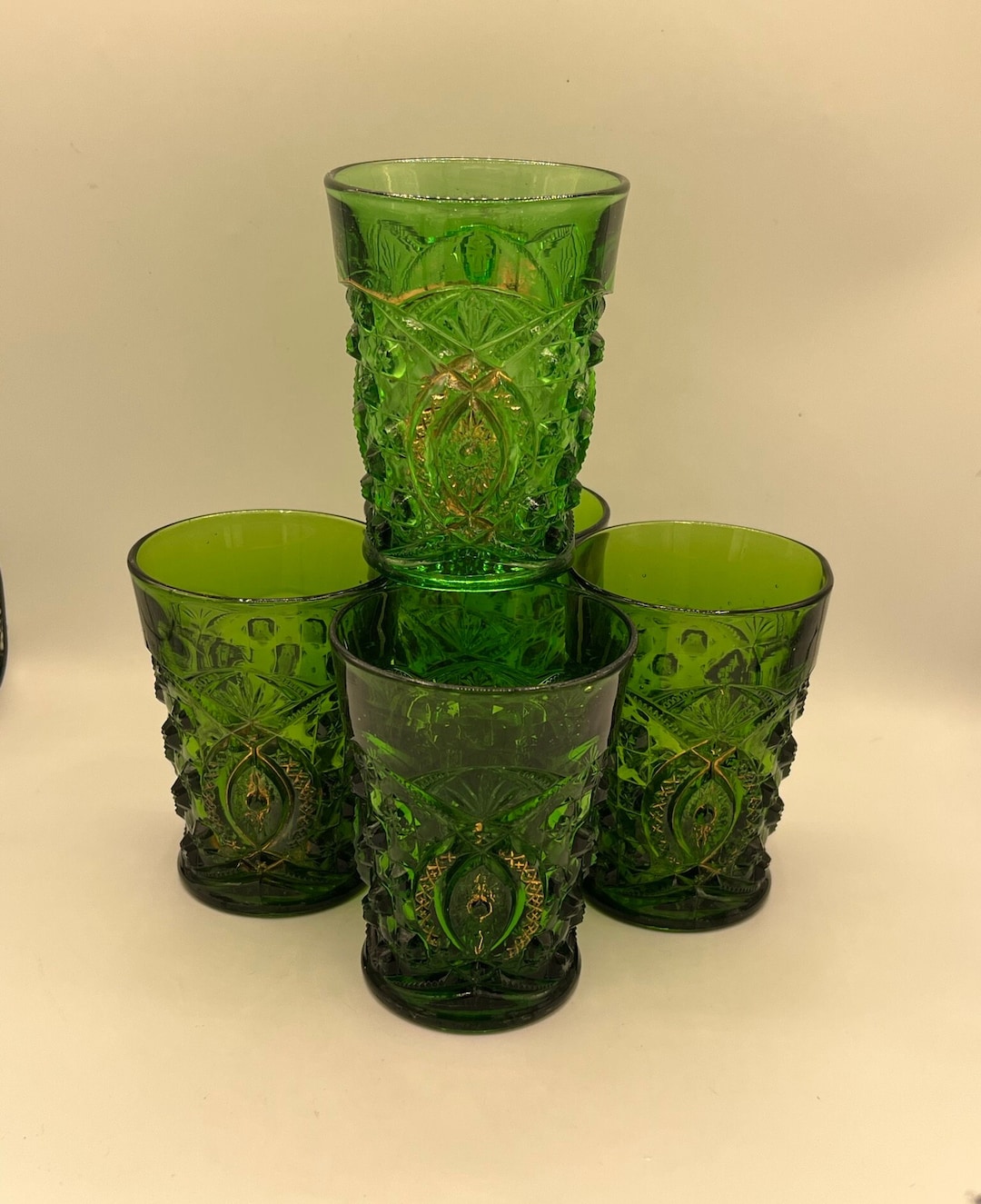 Vintage Emerald Green Glass Tumblers With Gold Trim - Wine Glasses ...