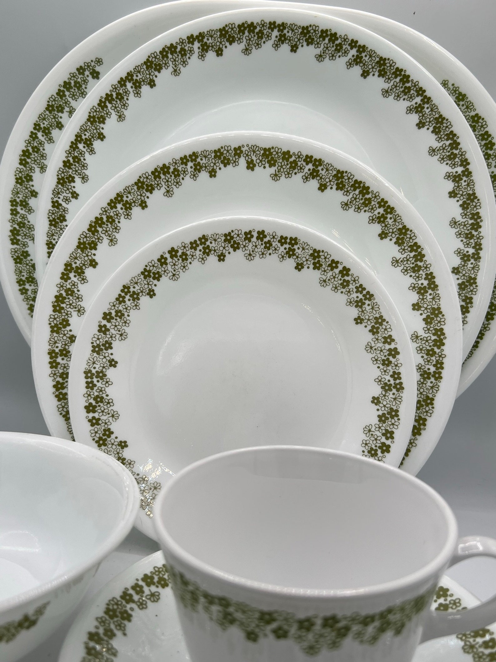 Vintage Corelle Spring Blossom Dishes: Green Floral Border, Various ...