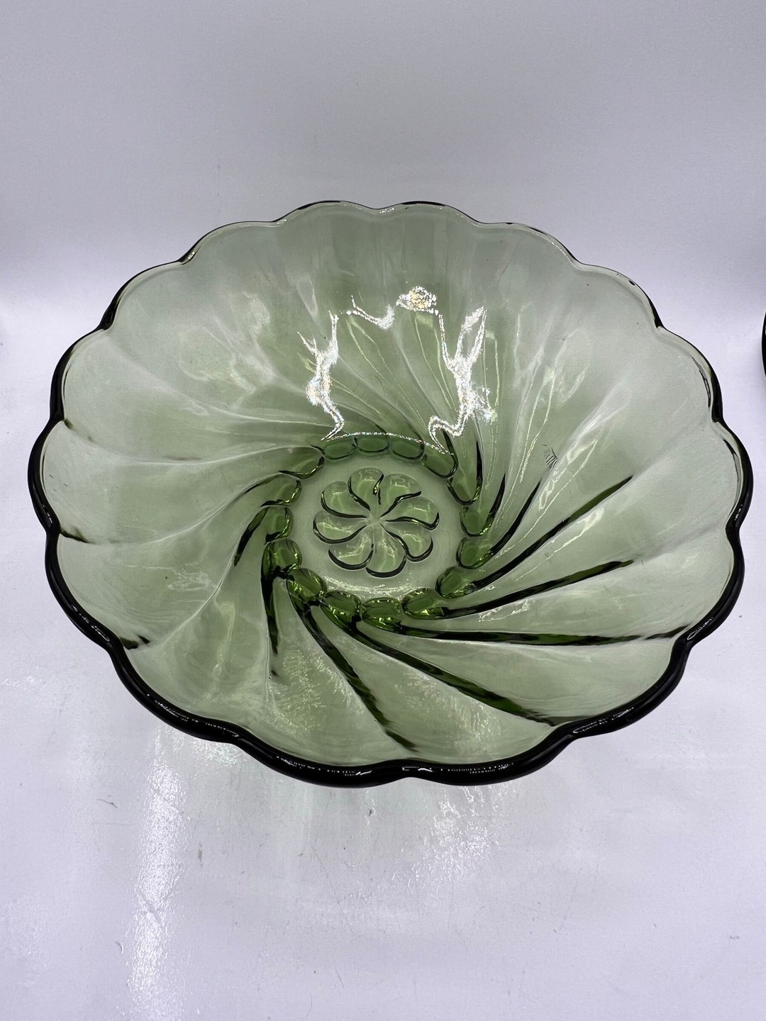 Vintage Swirled Light Green Glass Salad Bowl - Scalloped Rim - Etsy