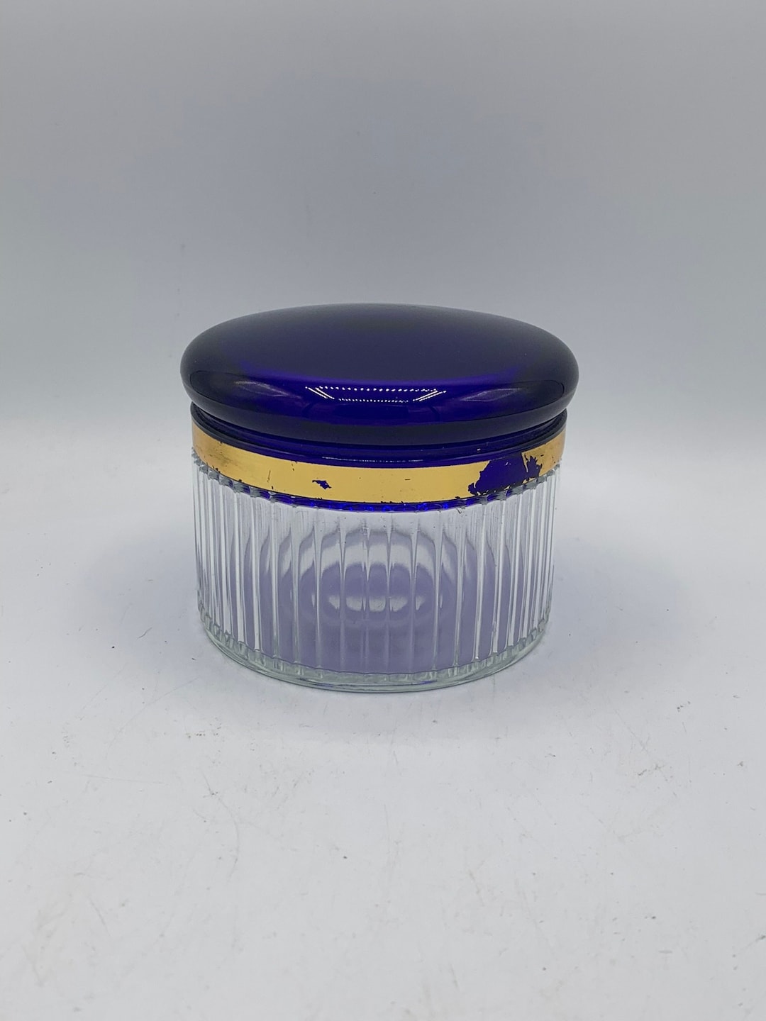 Vintage Clear Glass Container With Cobalt Blue Lid: Bathroom Bedroom ...