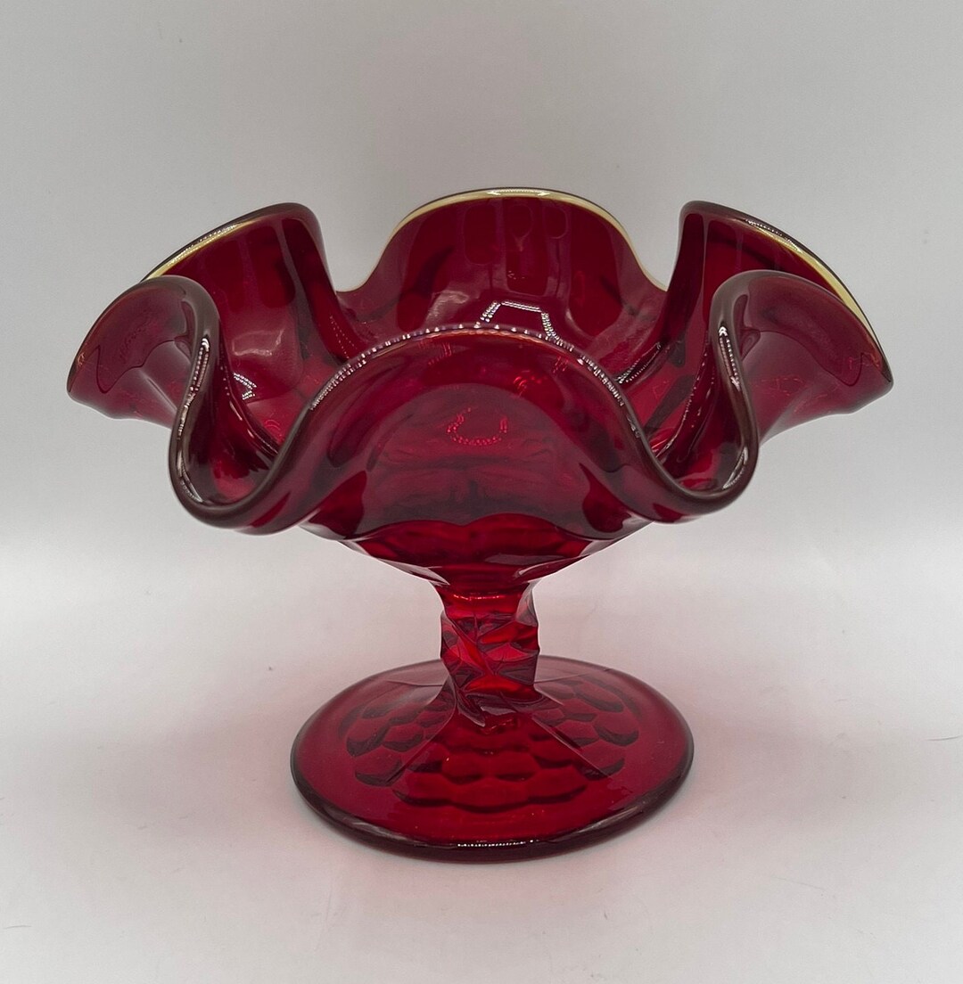 Vintage Fenton Red Glass Candy Dish: Double Thumbprint, Fluted Rim - Etsy