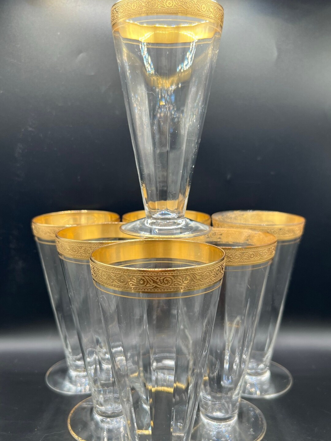 FANTASTIC Gold Rimmed Vintage Tall Footed Beer Glasses - Set of 7 ...