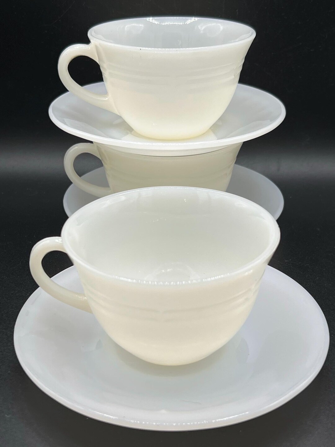 Vintage Milk Glass Cups and Saucers - White Jadeite - Set of 3 ...